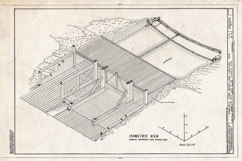 Blueprint Isometric View - Round Lake Logging Dam, Flambeau River, Sou ...