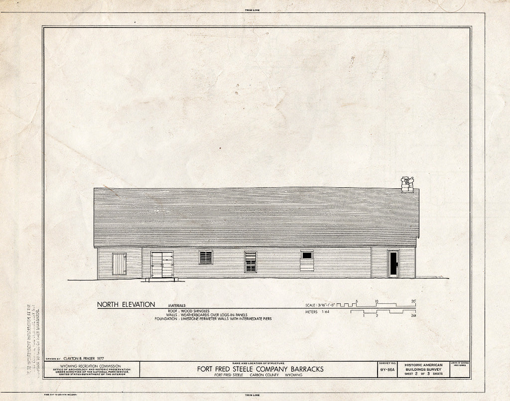 Blueprint North Elevation - Fort Fred Steele, Company Barracks, Fort S ...