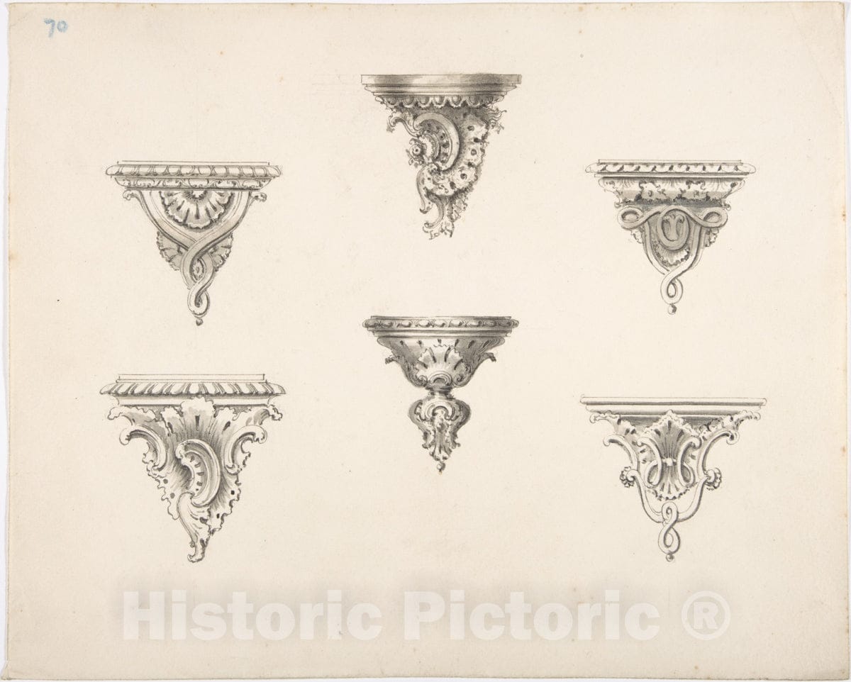 British, 19th Century - Design for Six Brackets with Rocaille Ornament ...