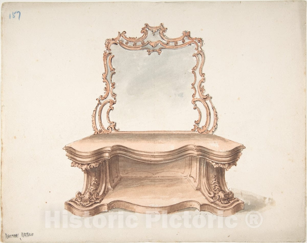 British, 19th Century - Design for Curvilinear Side Table with Mirror ...