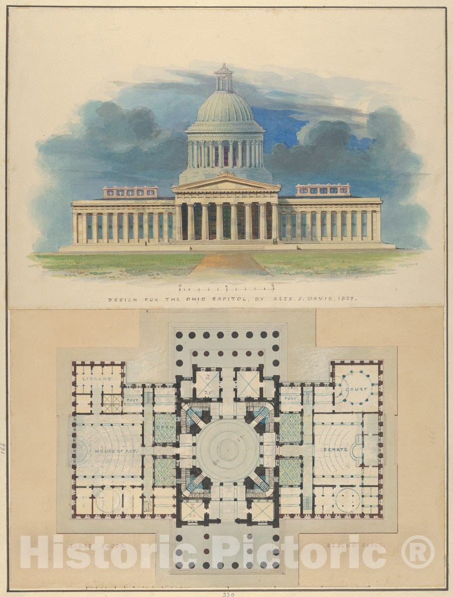 Alexander Jackson Davis - Design for The Capitol of Ohio, Columbus ...