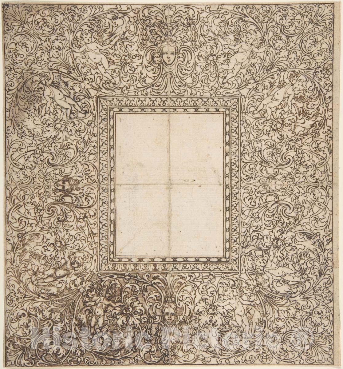 German, 17th Century - Design for a Frame with foliates and putti ...