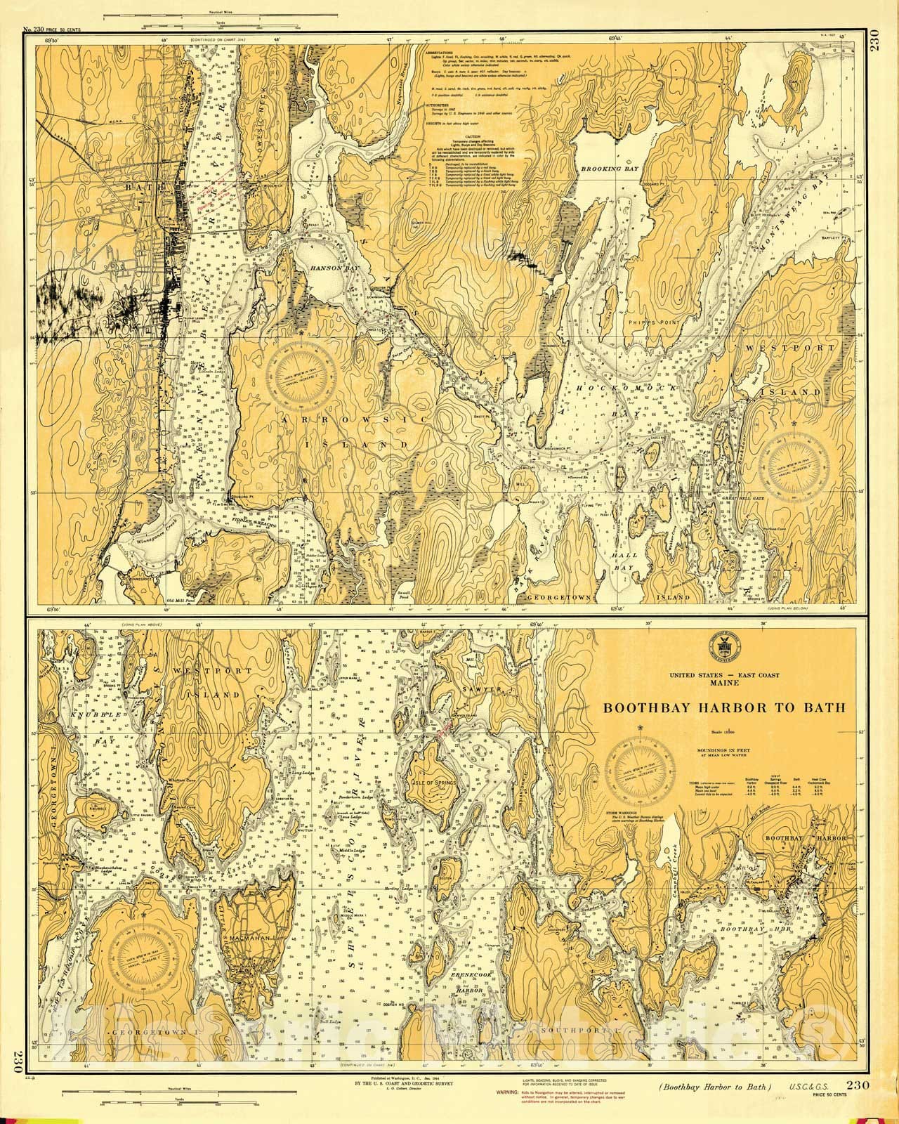 Historic Nautical Map - Boothbay Harbor To Bay, 1944 NOAA Chart - Vint ...