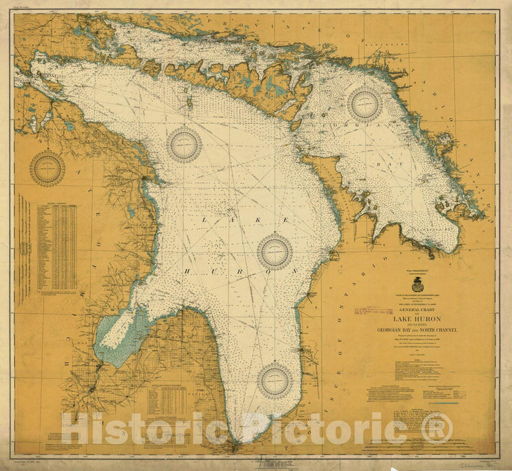 Historic Nautical Map - General Chart Of Lake Huron Including Georgian ...