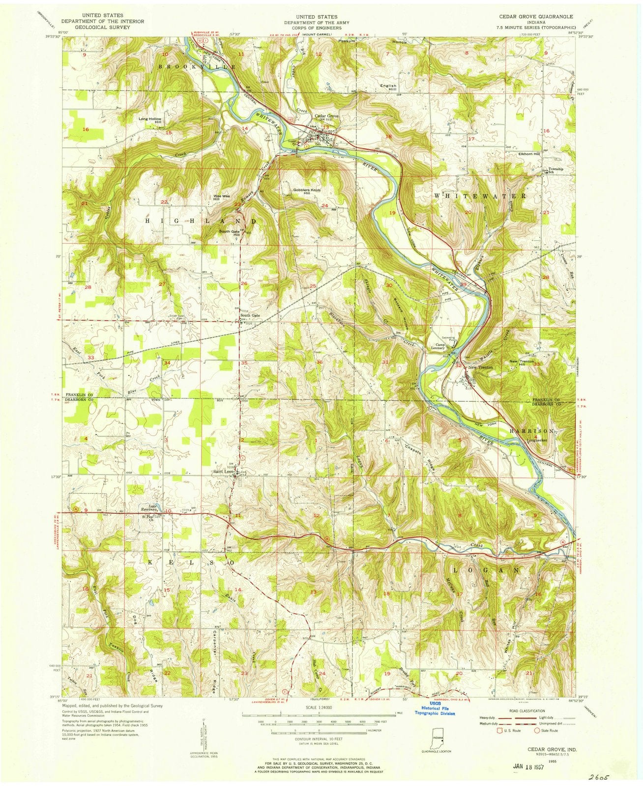 1955 Cedar Grove, in - Indiana - USGS Topographic Map – Historic Pictoric