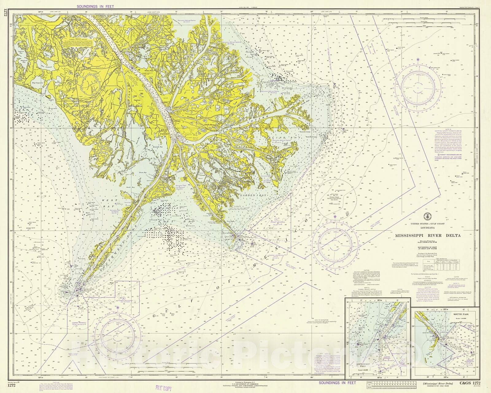 Historic Nautical Map - Mississippi River Delta, 1974 NOAA Chart - Lou ...