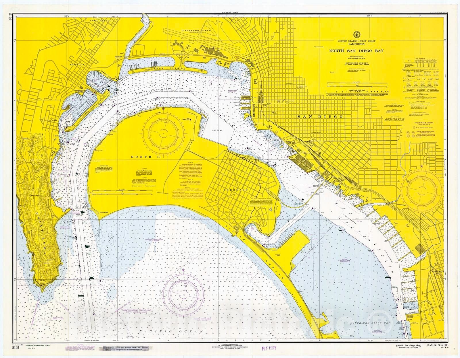 Historic Nautical Map - North San Diego Bay, 1970 NOAA Chart - Califor ...