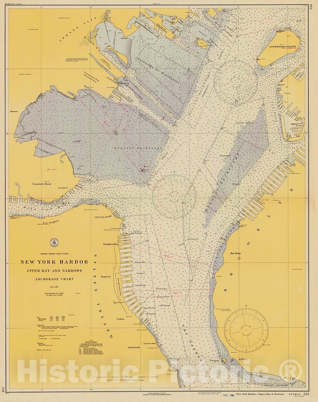 Historic Nautical Map - New York Harbor, 1938 NOAA Chart - New York (N ...