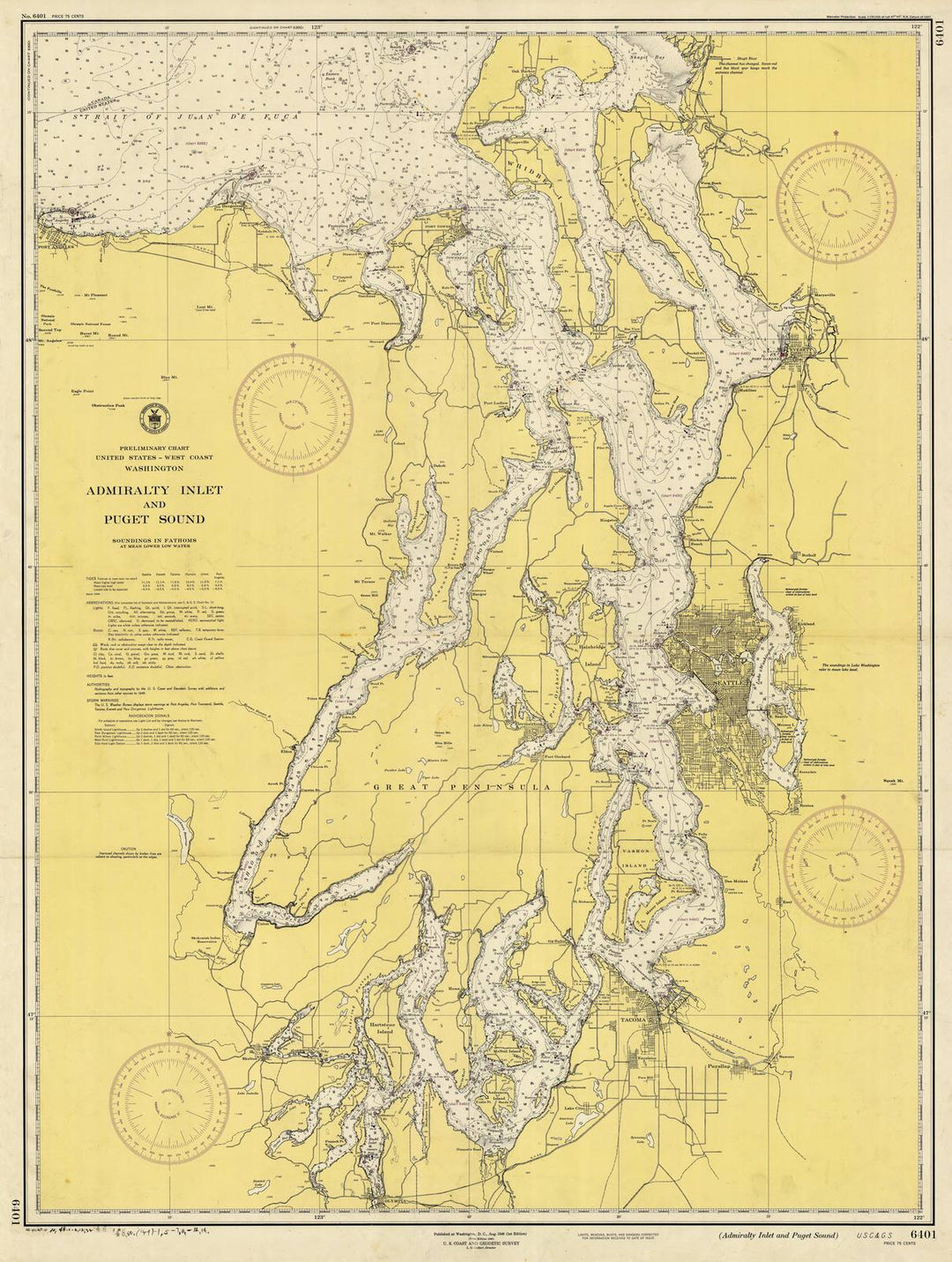 Historic Nautical Map - Admiralty Inlet & Puget Sound, 1946 NOAA Chart ...
