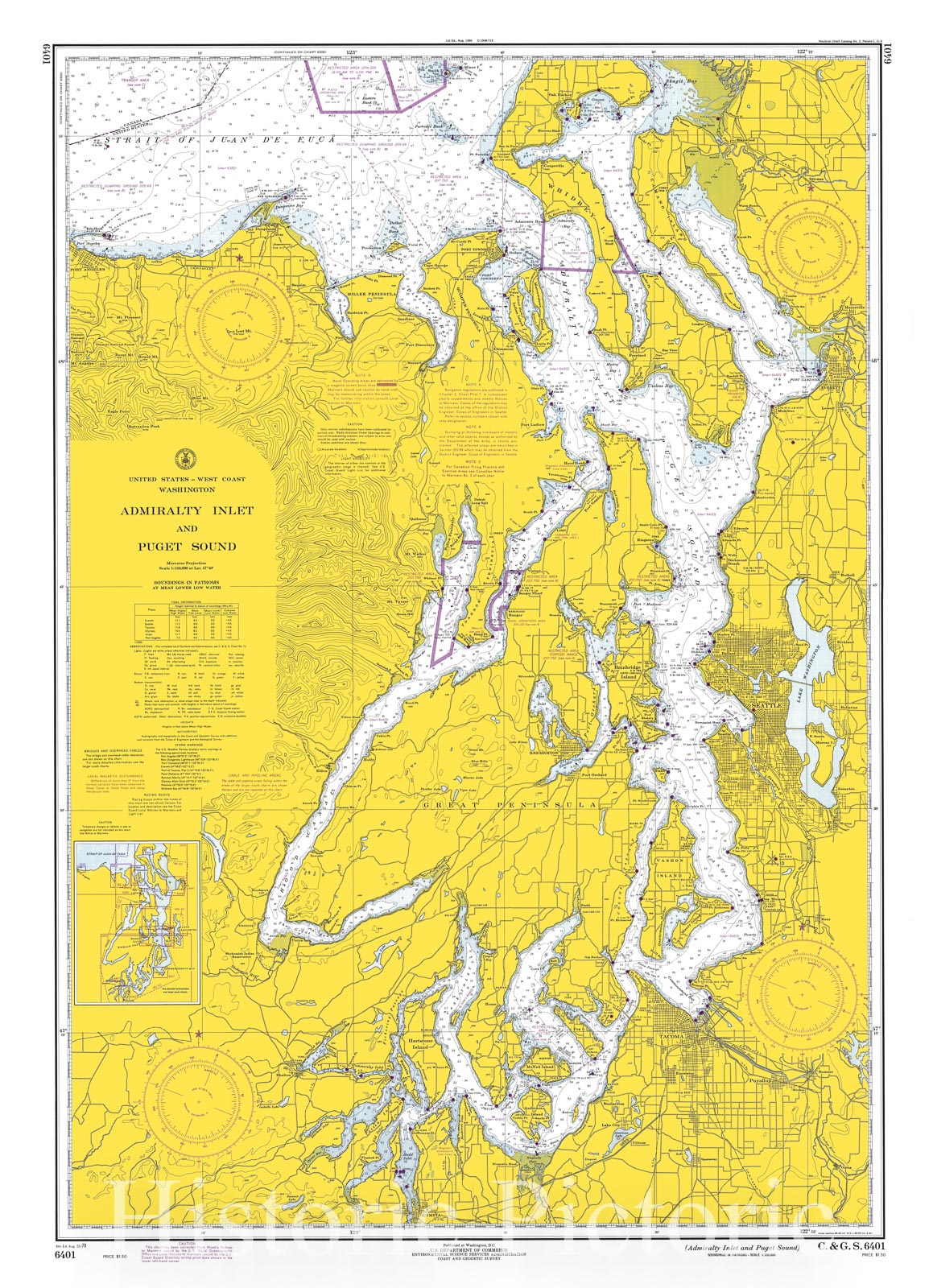 Historic Nautical Map - Admiralty Inlet & Puget Sound, 1970 NOAA Chart ...
