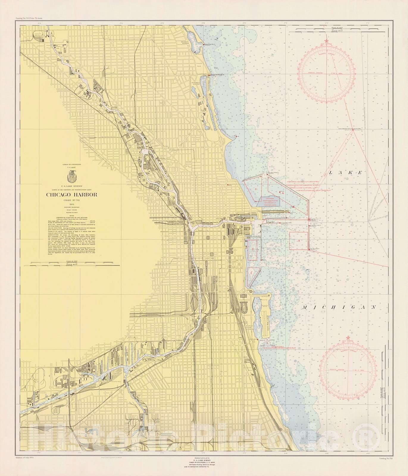 Historic Nautical Map - Chicago Harbor, 1954 NOAA Chart - Illinois (IL ...