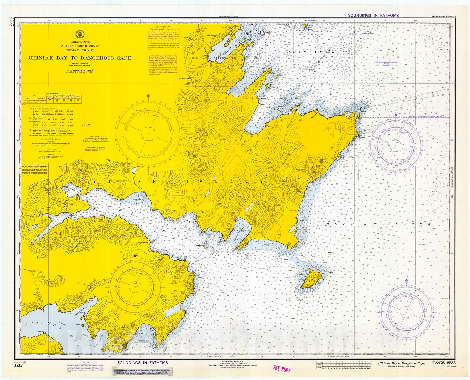 Historic Nautical Map - Chiniak Bay To Dangerous Cape, 1973 NOAA Chart ...