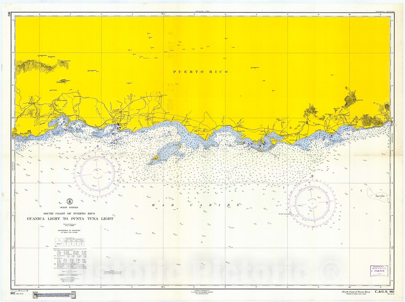 Historic Nautical Map - South Coast Of Puerto Rico, 1958 NOAA Chart ...