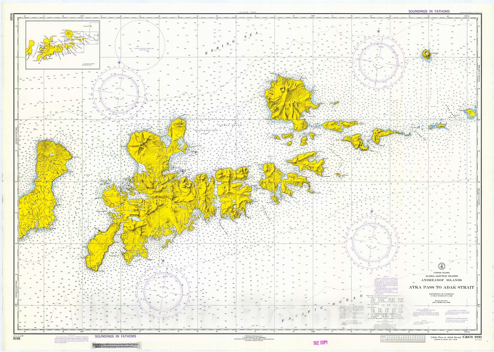 Historic Nautical Map - Atka Pass To Adak Strait, 1974 NOAA Chart - Al ...