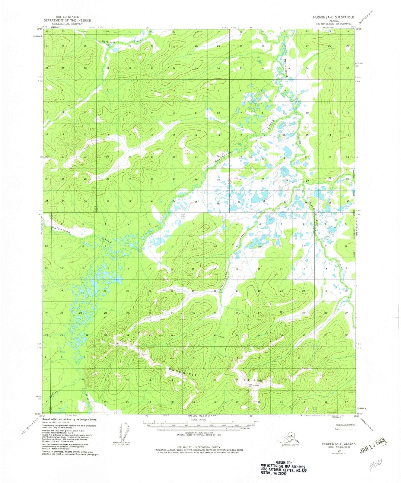 1955 Hughes, AK - Alaska - USGS Topographic Map - Historic Pictoric