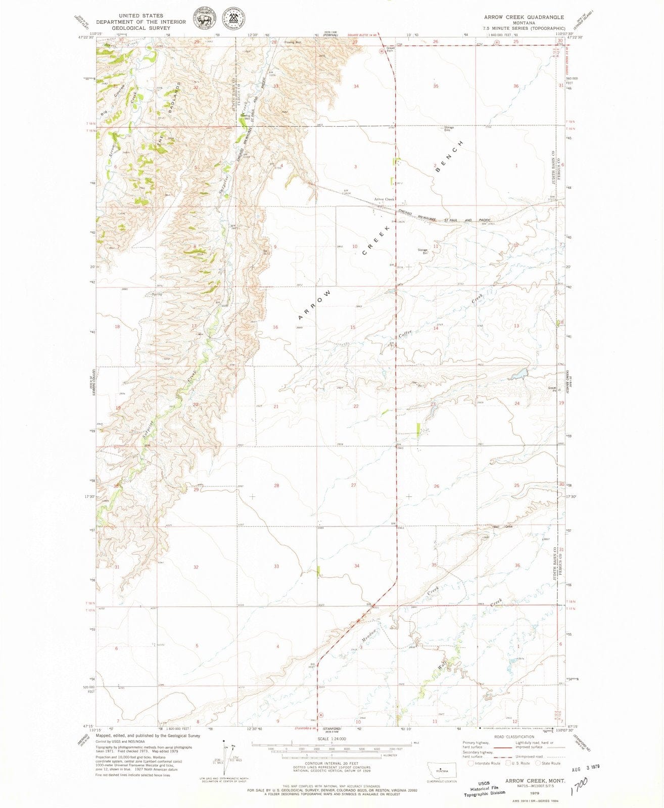 1979 Arrow Creek, MT - Montana - USGS Topographic Map – Historic Pictoric