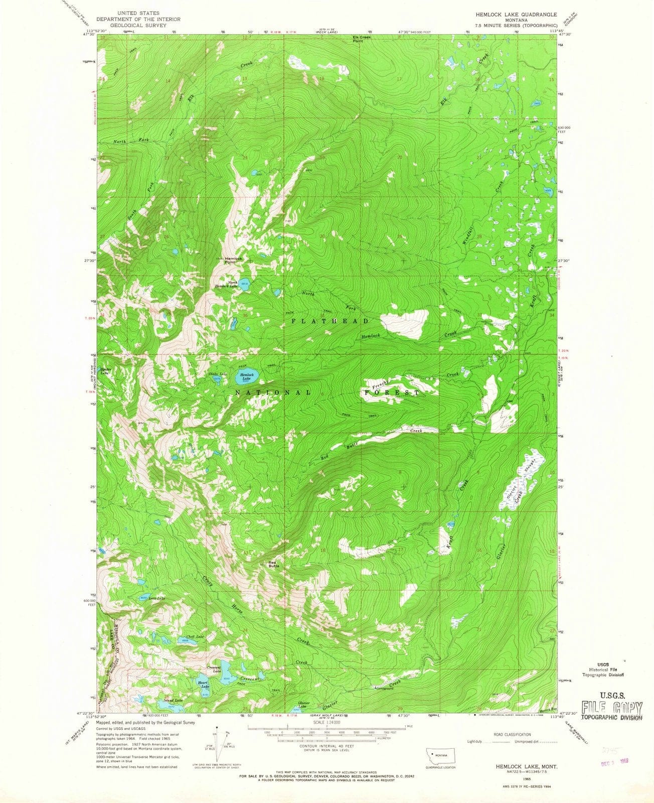 1965 Hemlock Lake, MT - Montana - USGS Topographic Map – Historic Pictoric