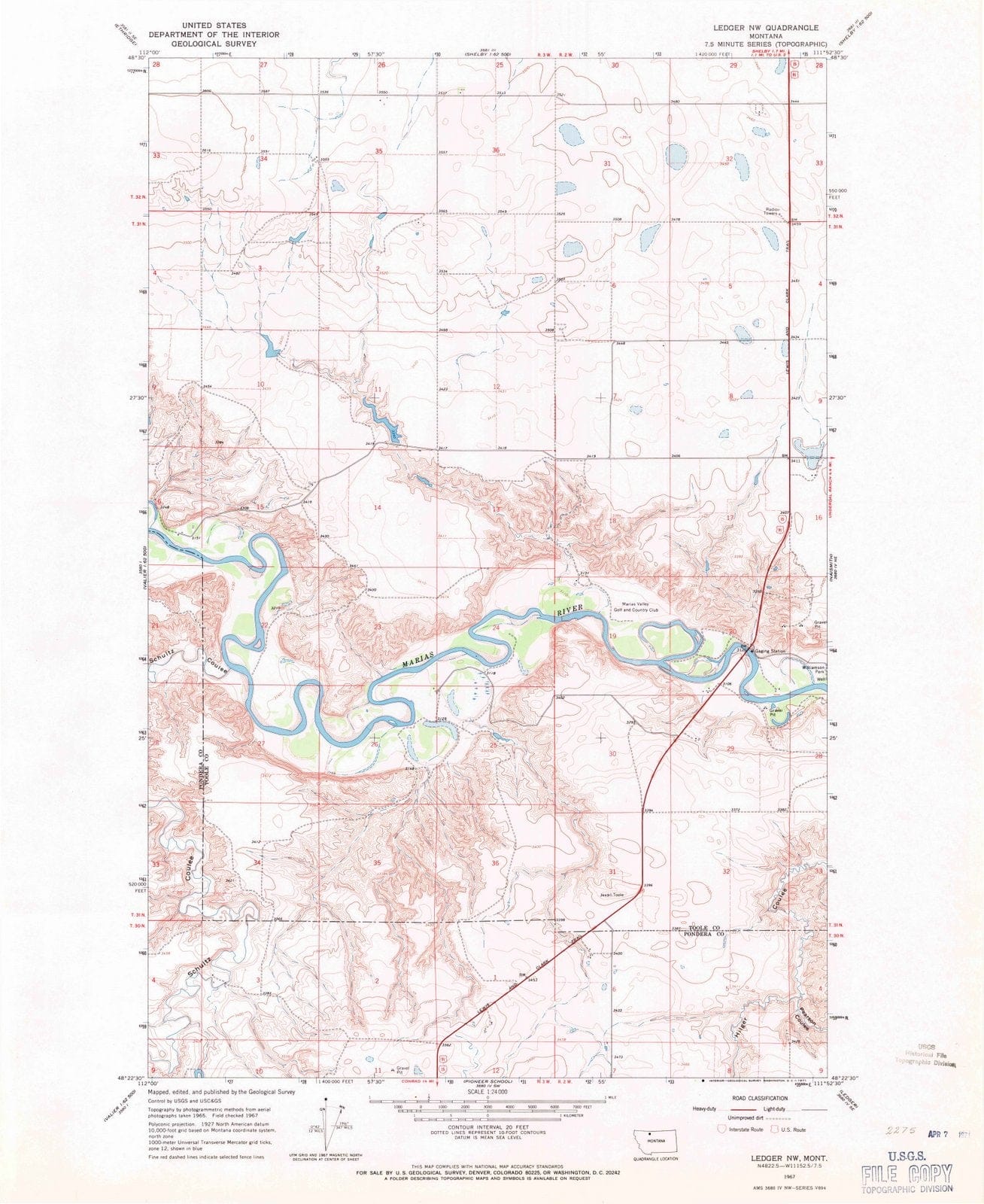 1967 Ledger, MT - Montana - USGS Topographic Map – Historic Pictoric