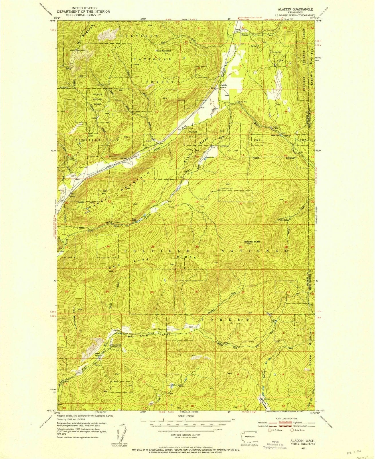 1952 Aladdin, WA - Washington - USGS Topographic Map – Historic Pictoric