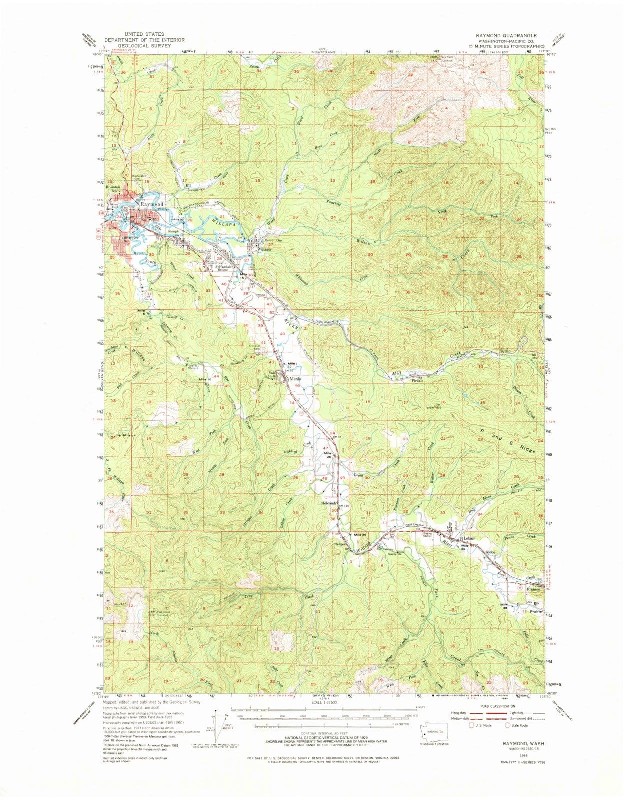 1955 Raymond, WA - Washington - USGS Topographic Map - Historic Pictoric