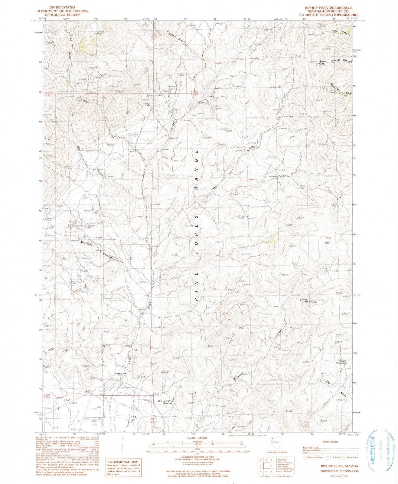 1990 Bishop Peak, NV - Nevada - USGS Topographic Map – Historic Pictoric