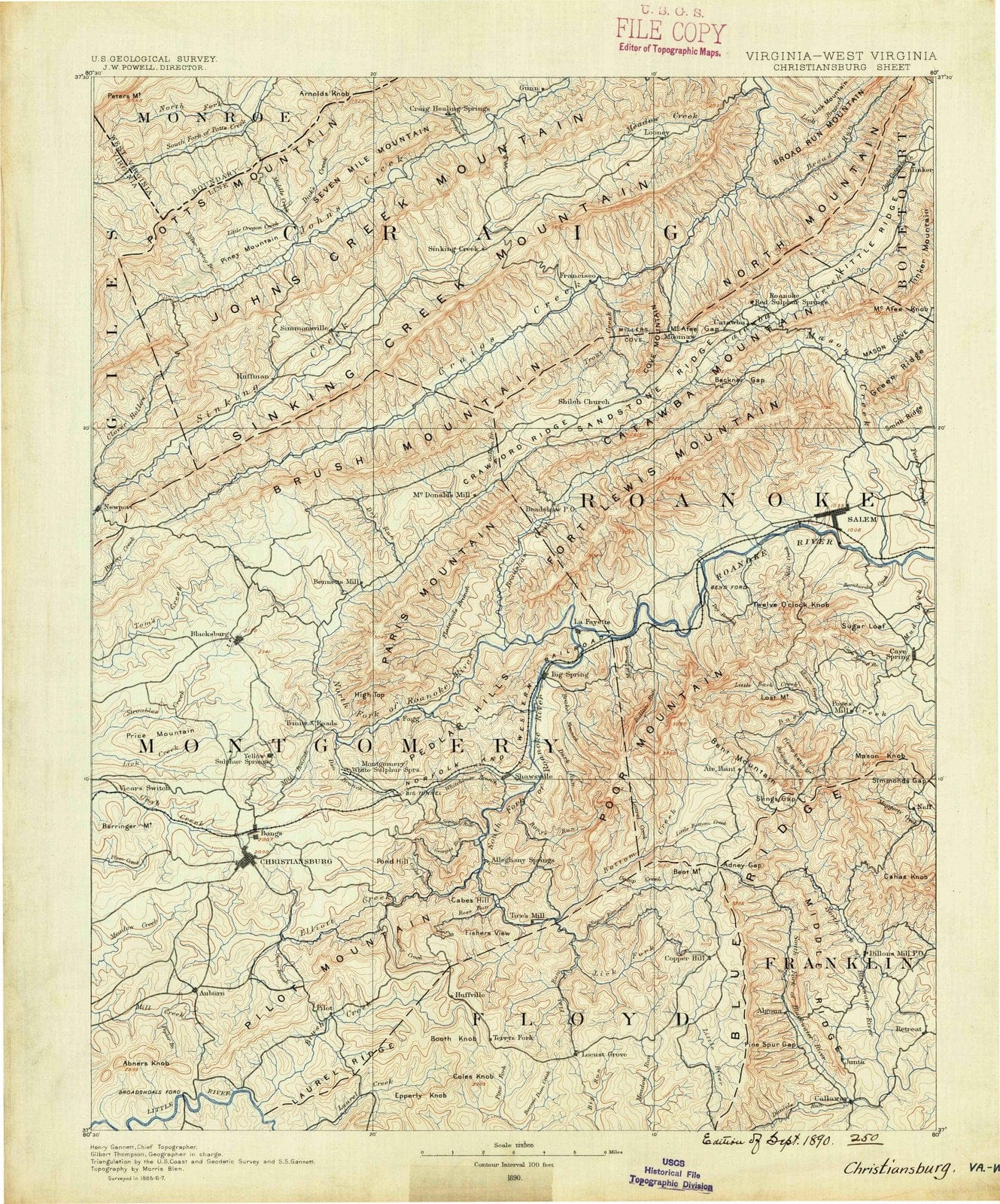 1890 Christiansburg, VA - Virginia - USGS Topographic Map - Historic ...