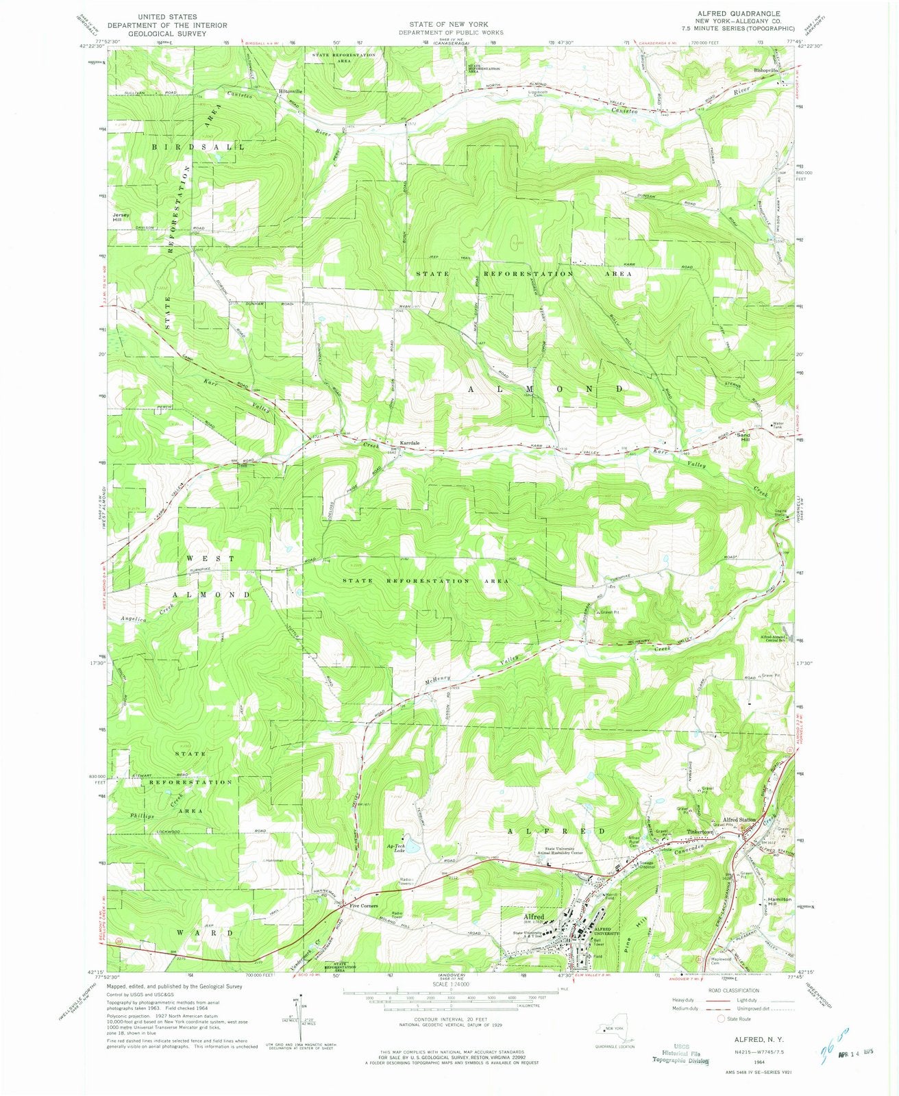 1964 Alfred, NY - New York - USGS Topographic Map - Historic Pictoric