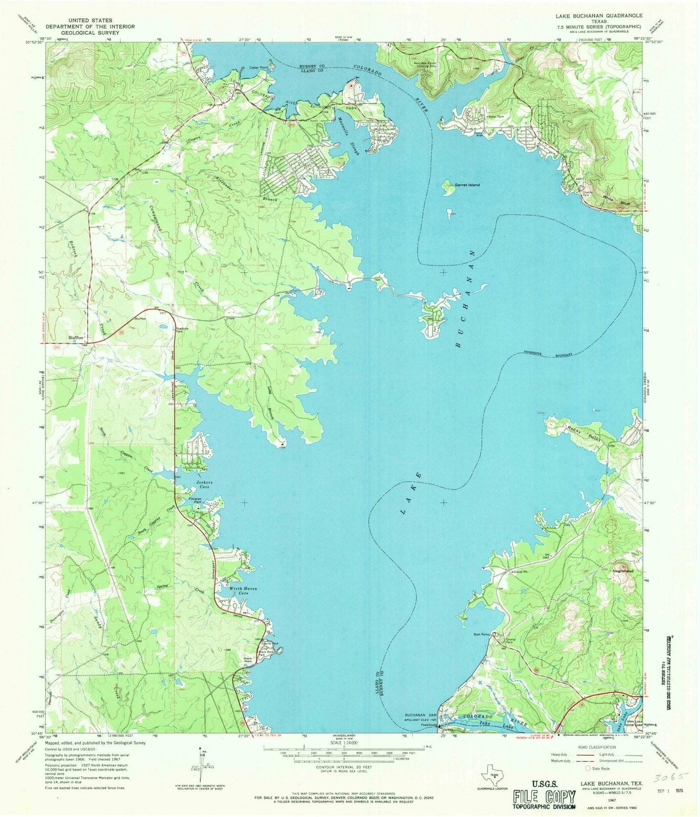 1967 Lake Buchanan, TX - Texas - USGS Topographic Map – Historic Pictoric