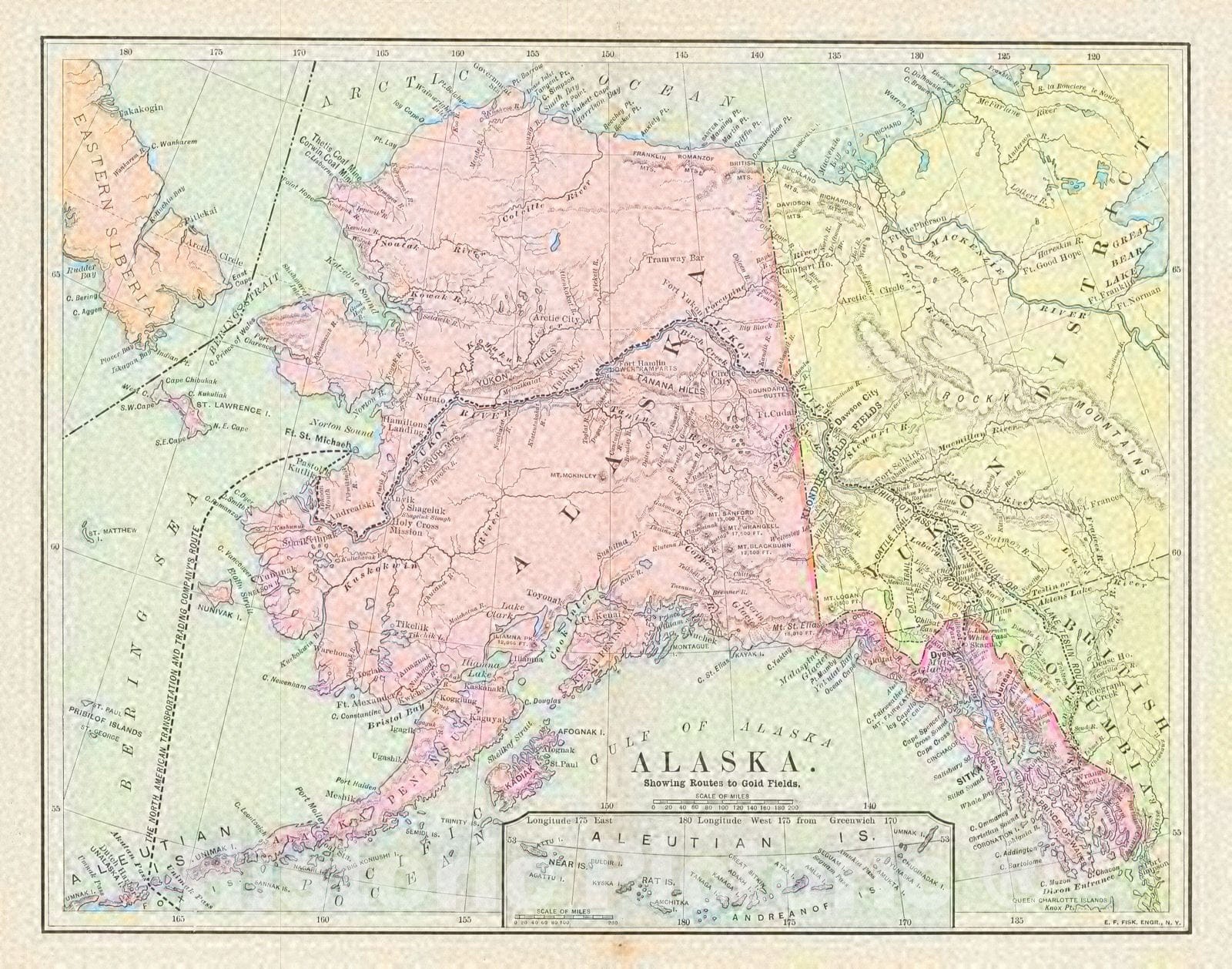 Historic Map : 1895 Alaska Showing Routes to Gold Fields : Vintage Wal ...