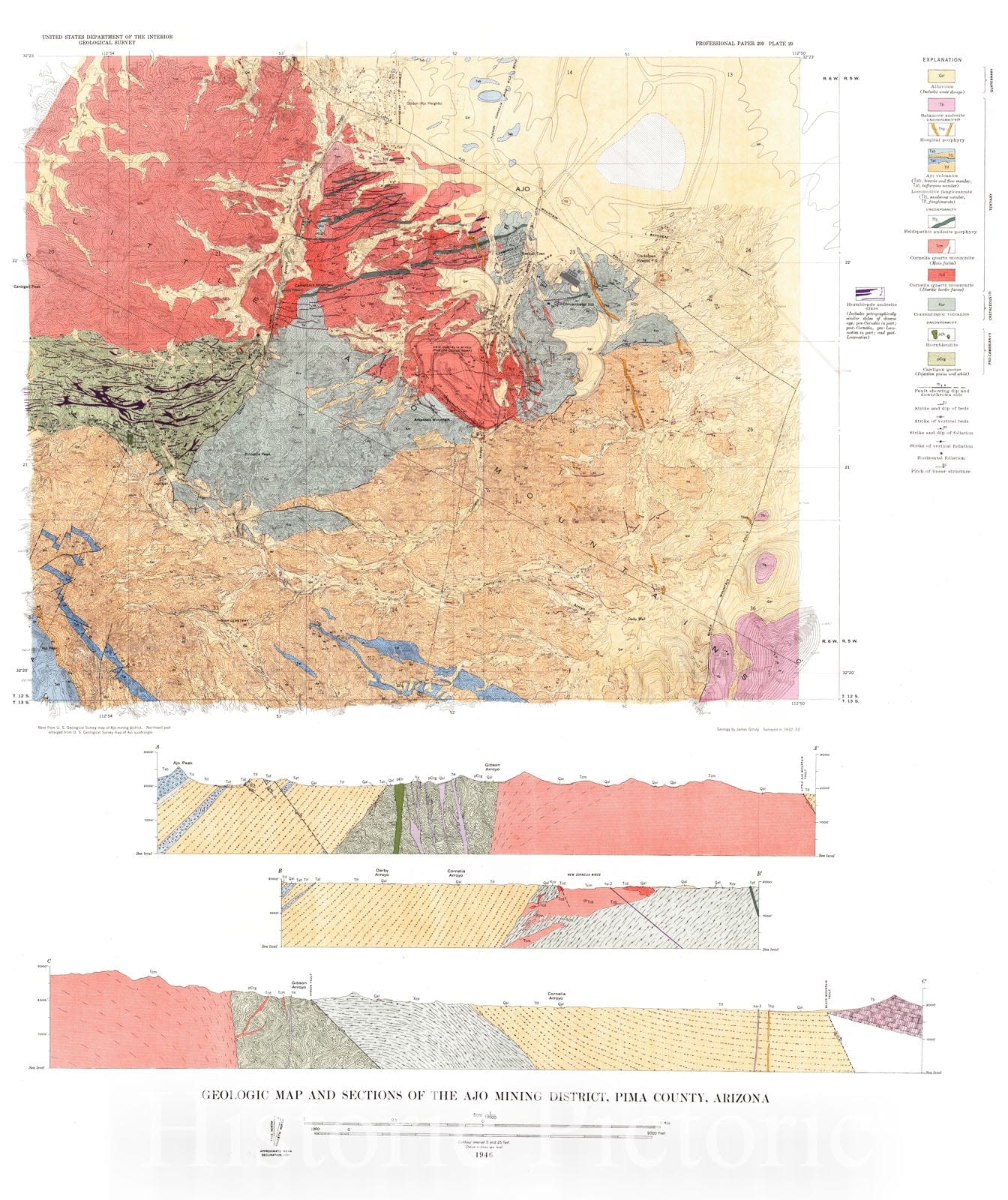 Historic Map : 1946 Geologic map and sections of the Ajo Mining Distri ...