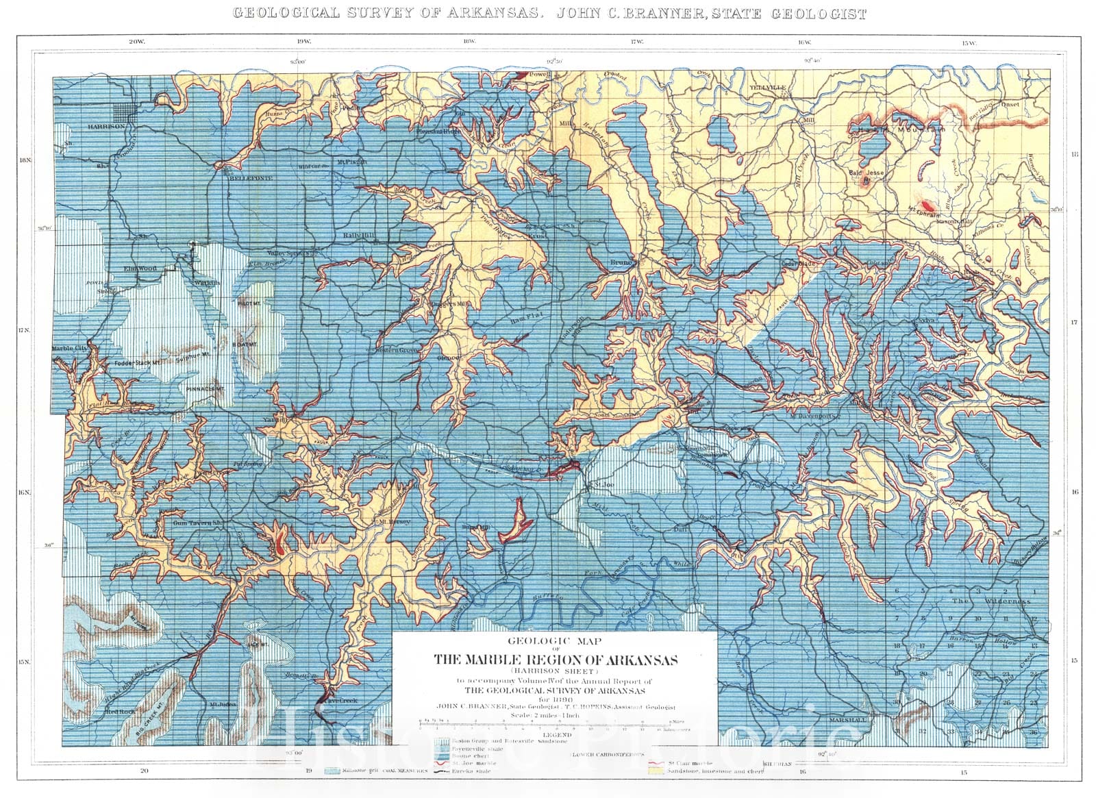 Historic Map : 1890 Geologic Map of the Marble Region - Harrison Sheet ...