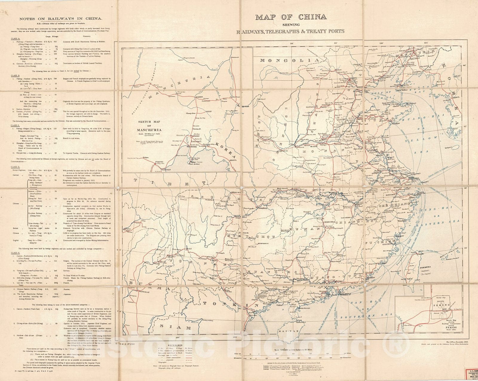 Historic Map : 1913 Map of China Showing Railways, Telegraphs & Treaty ...