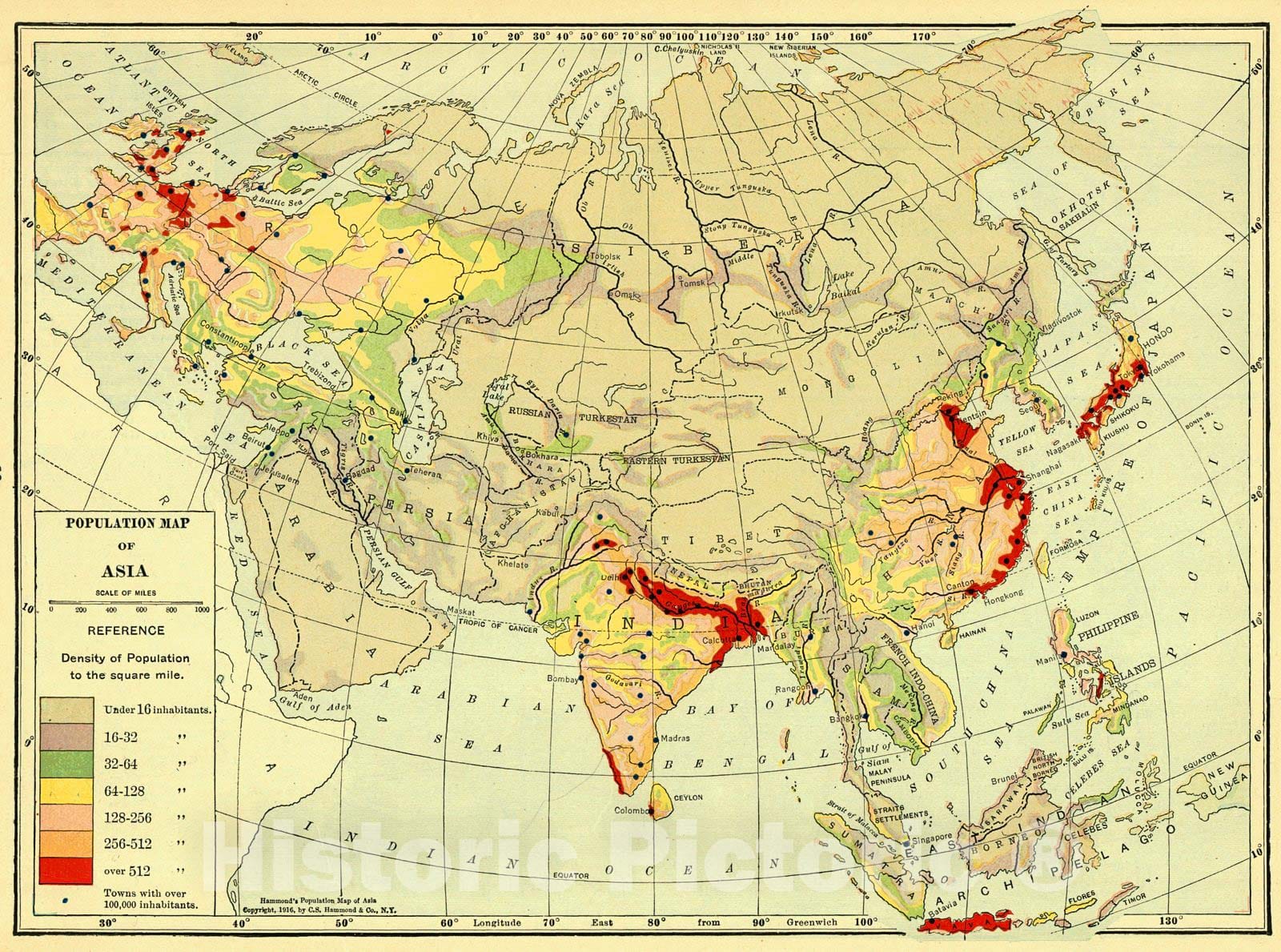Historic Map : 1917 Population Map of Asia : Vintage Wall Art ...