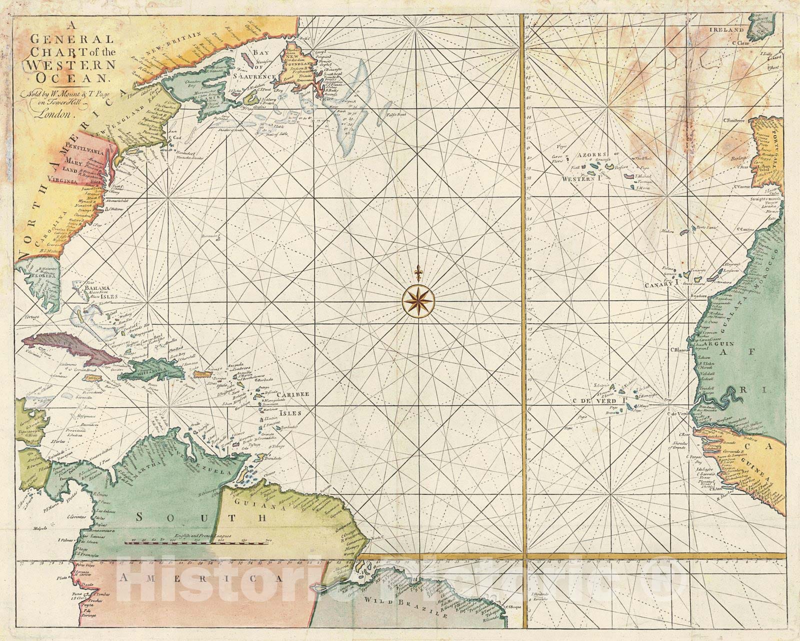 Historic Map : 1730 A General Chart of the Western Ocean : Vintage Wal ...