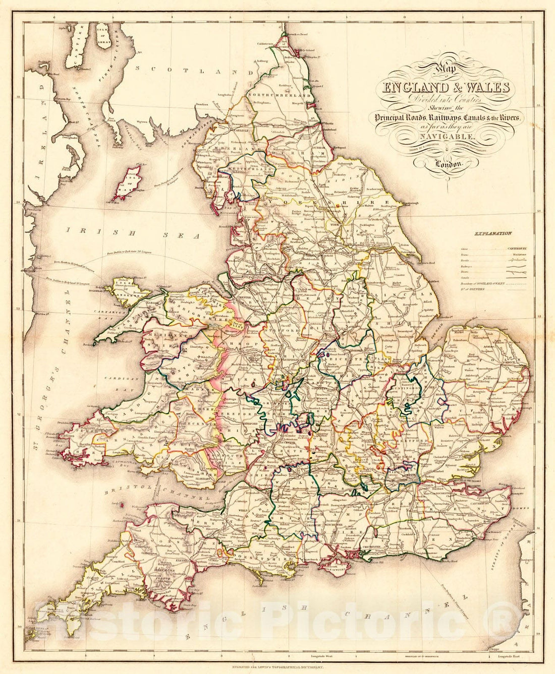 Historic Map : 1842 Map of England & Wales Divided into Counties Showi ...
