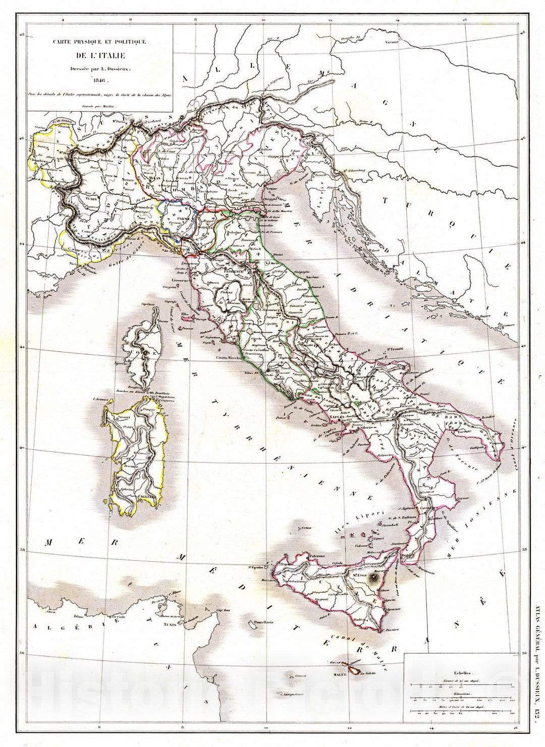 Historic Map : 1848 Carte Physique et Politique de L'Italie : Vintage ...