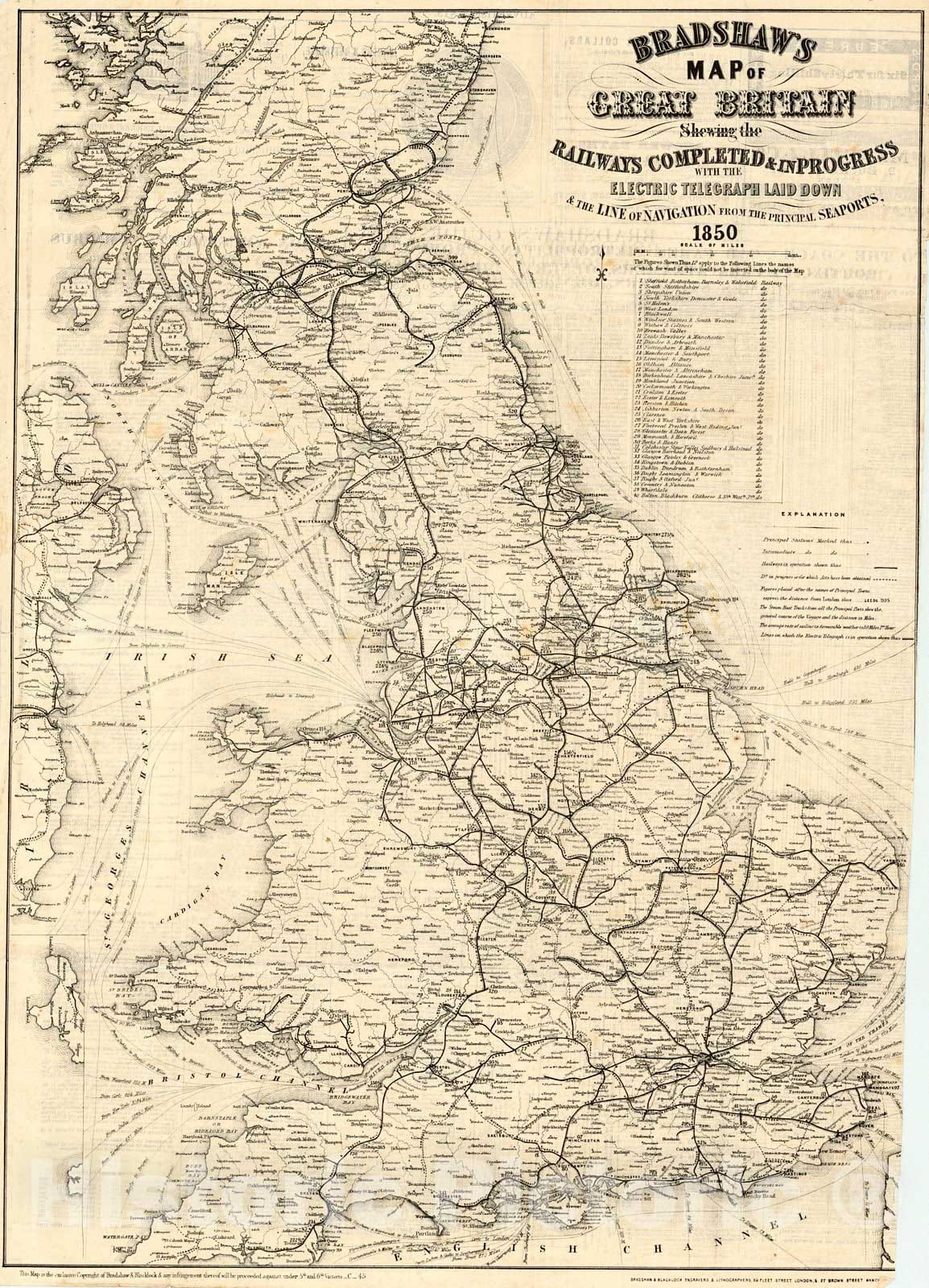 Historic Map : 1850 Bradshaw's Map of Great Britain Showing the Railwa ...