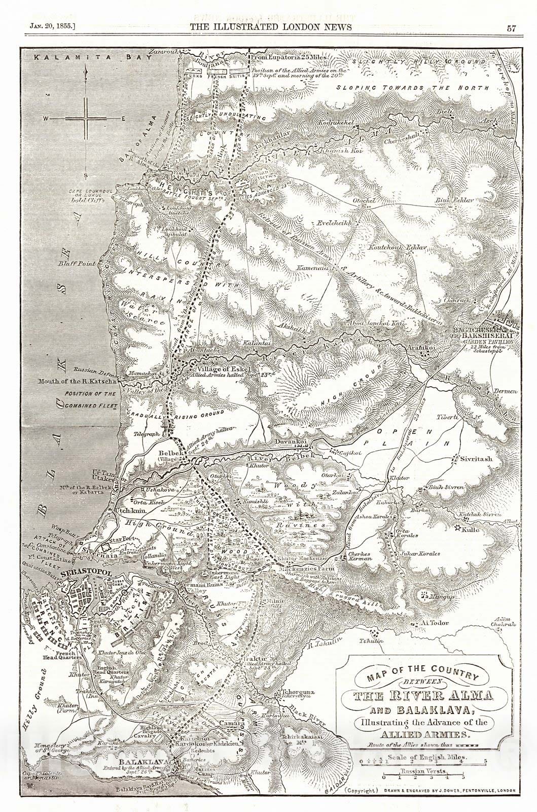 Historic Map : 1855 Map of the Country between the River Alma and Bala ...