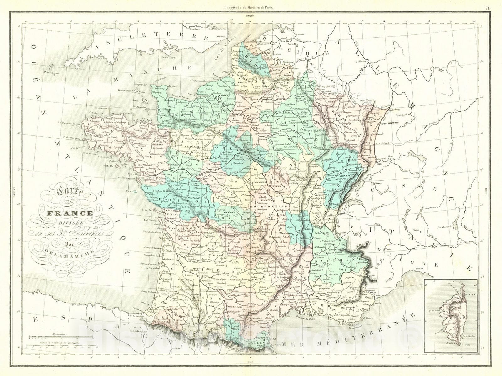 Historic Map : 1872 Carte de France diuisee en ses 32 Provinces : Vint ...