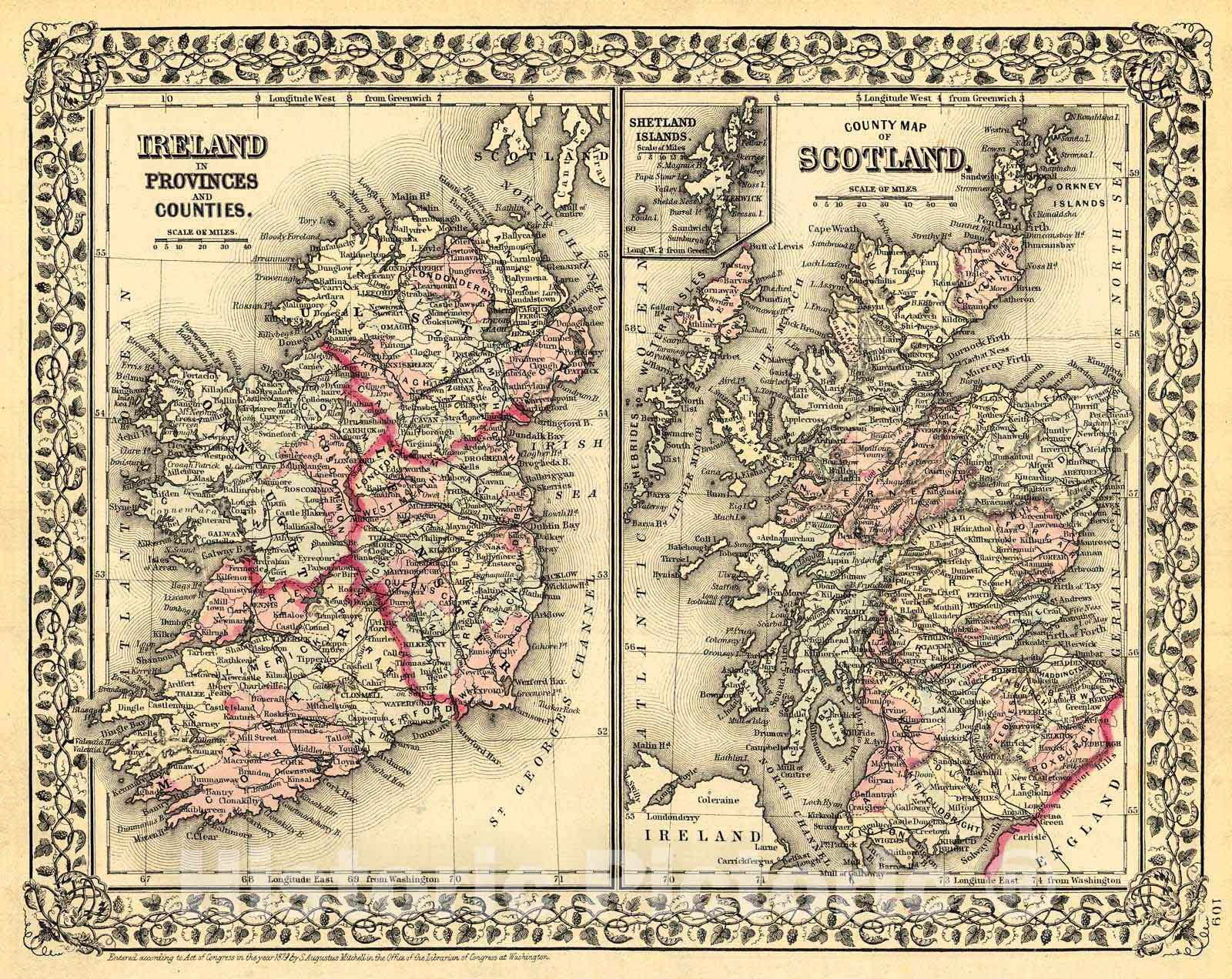 Historic Map : 1880 Ireland in Provinces and Counties; County Map of S ...