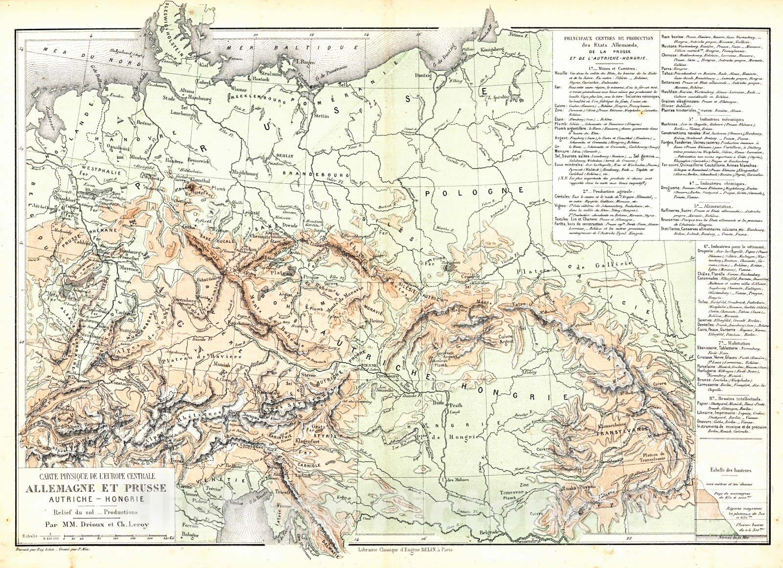 Historic Map : 1881 Carte Physique de L'Europe Centrale Allemagne et P ...