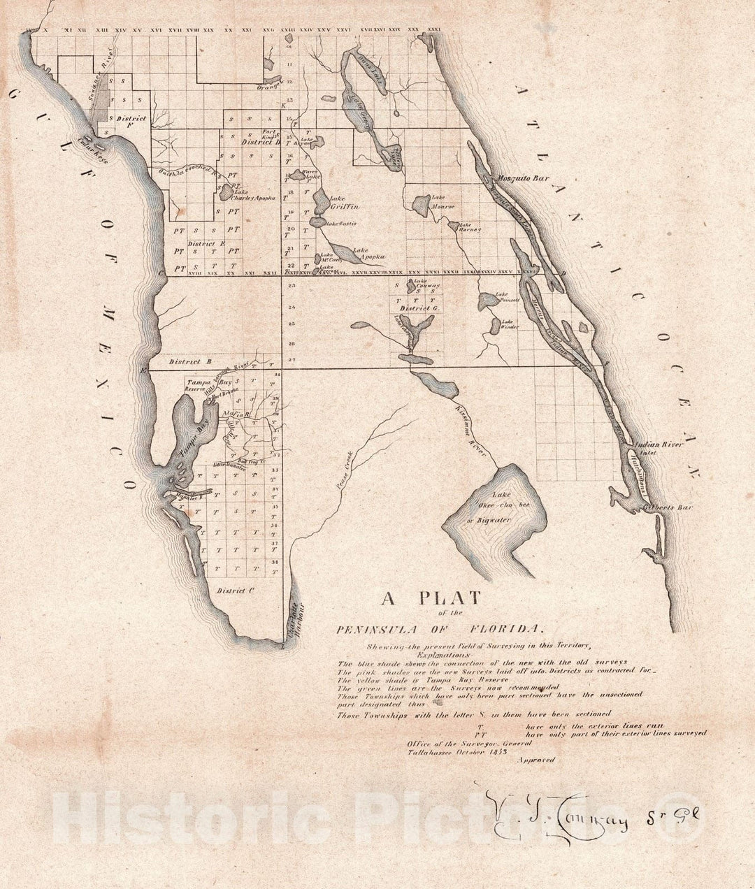 Historic Map : 1843 A Plat of the Peninsula of Florida : Vintage Wall ...