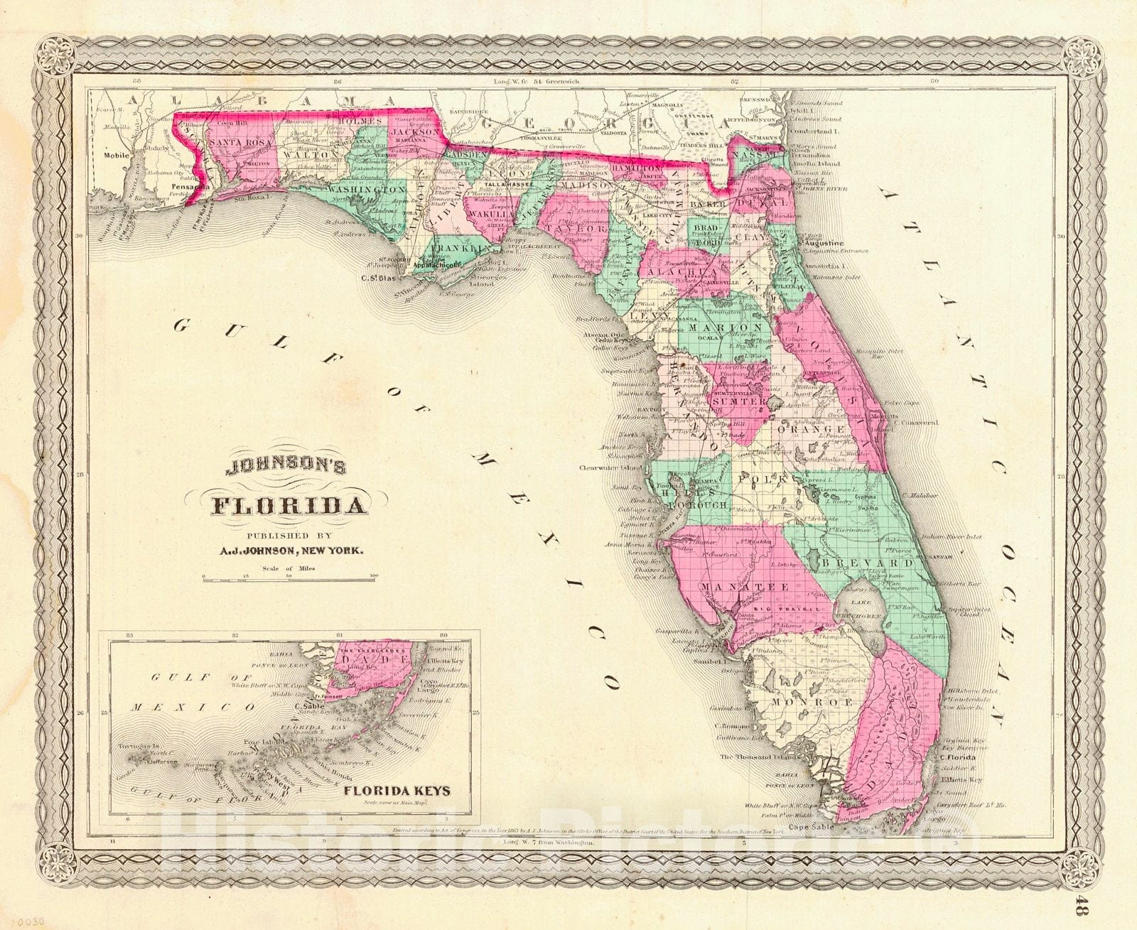 Historic Map : 1870 Johnson's Florida : Vintage Wall Art – Historic ...