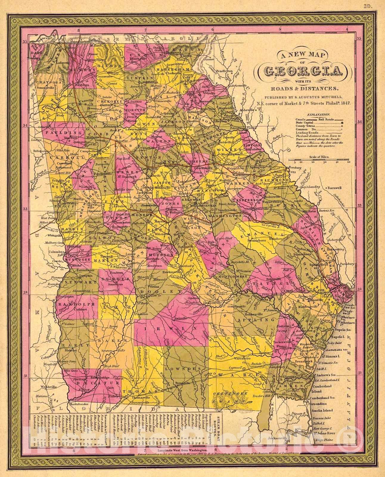 Historic Map : 1847 A New Map of Georgia : Vintage Wall Art – Historic ...