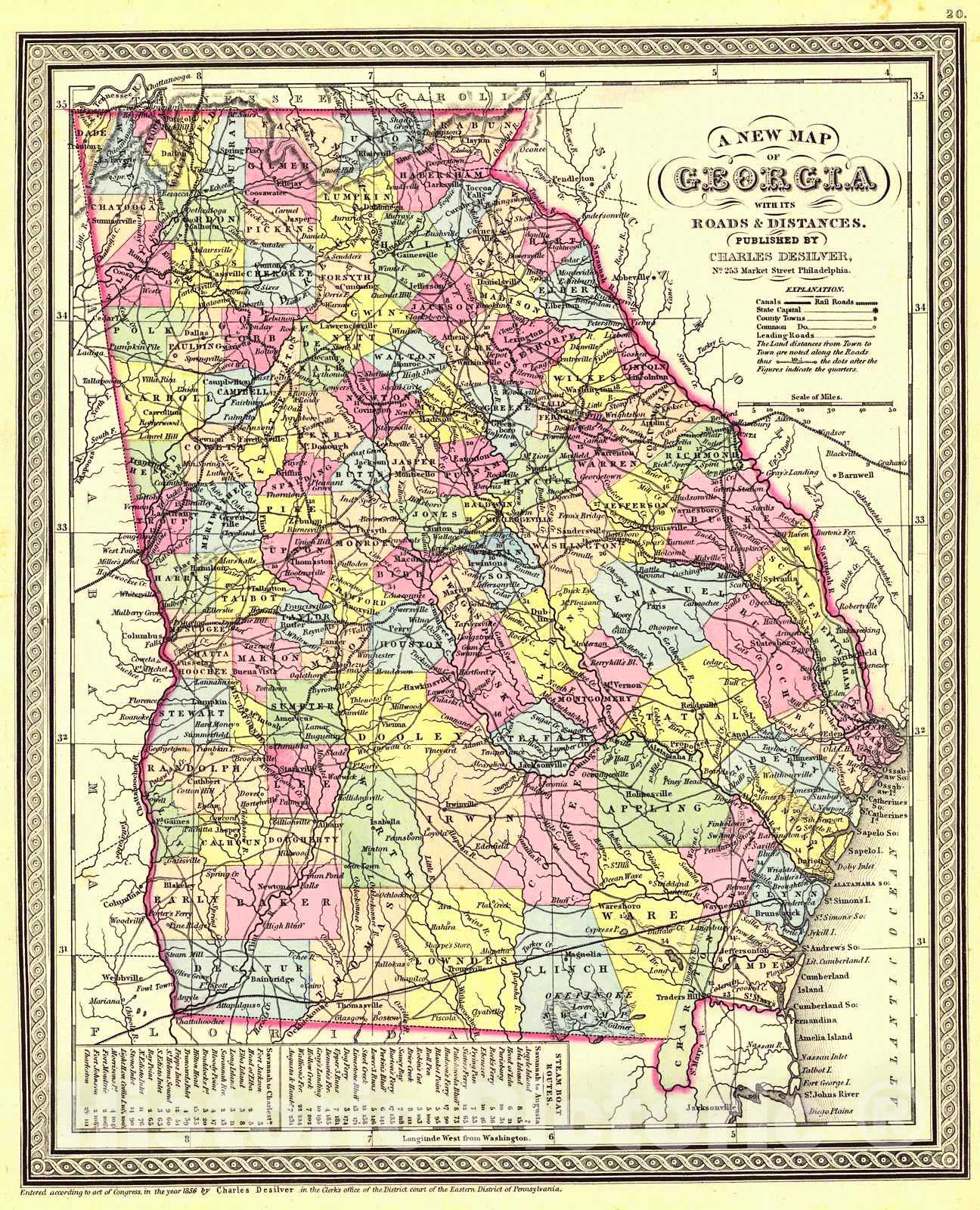 Historic Map : 1856 A New Map of Georgia : Vintage Wall Art – Historic ...