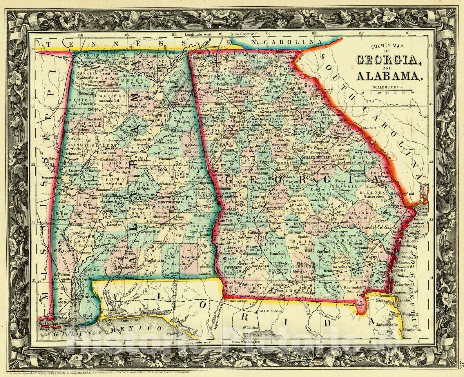 Historic Map : 1861 County Map of Georgia and Alabama : Vintage Wall A ...