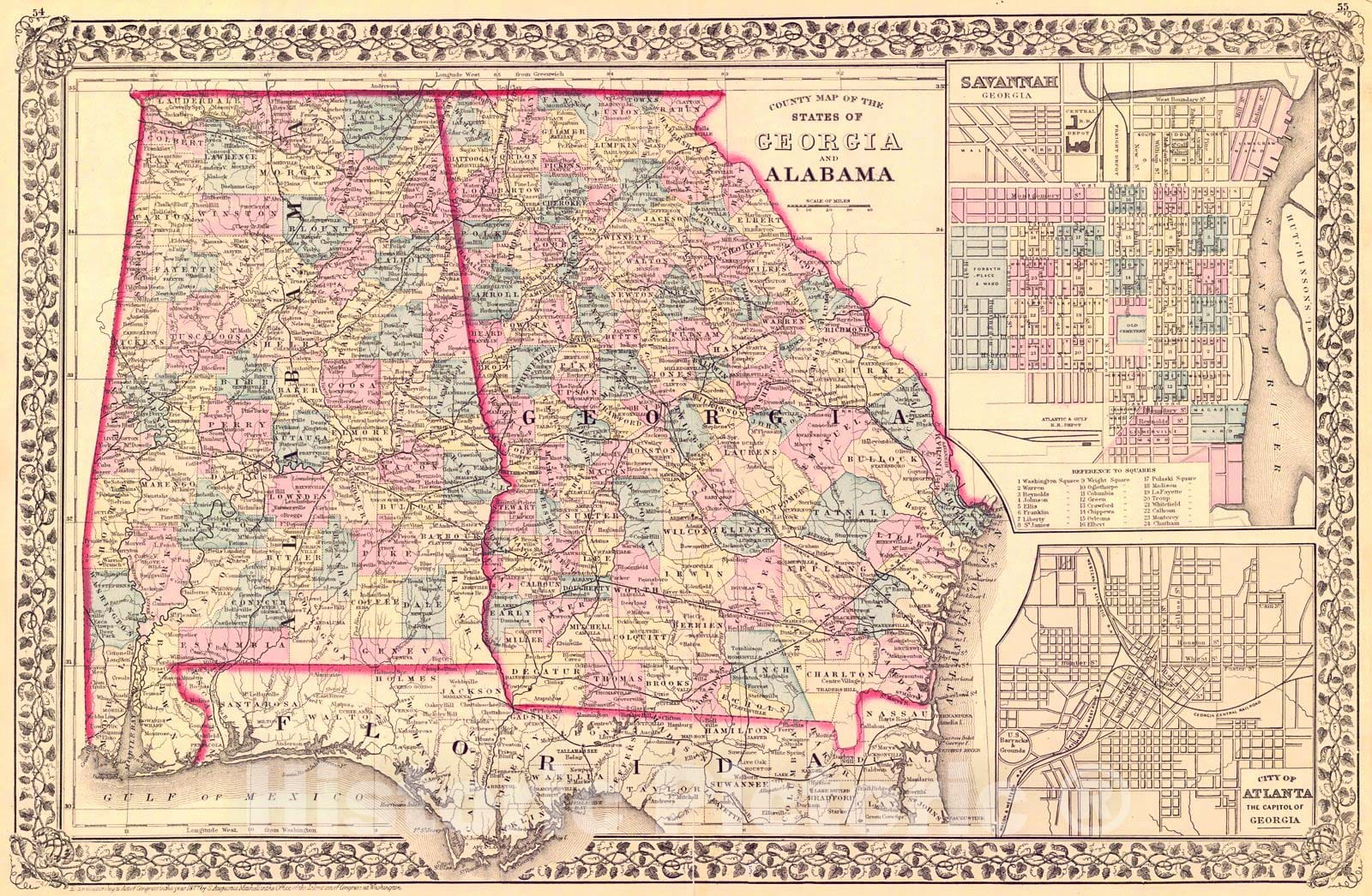 Historic Map : 1877 County Map of States of Georgia and Alabama : Vint ...