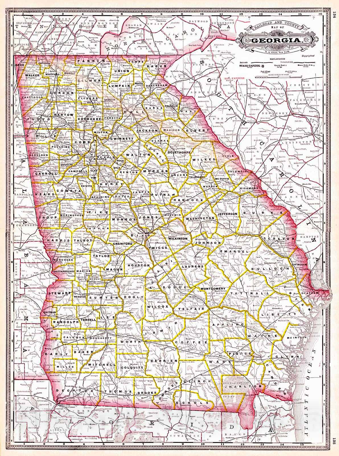 Historic Map : 1887 Railroad and County Map of Georgia : Vintage Wall ...
