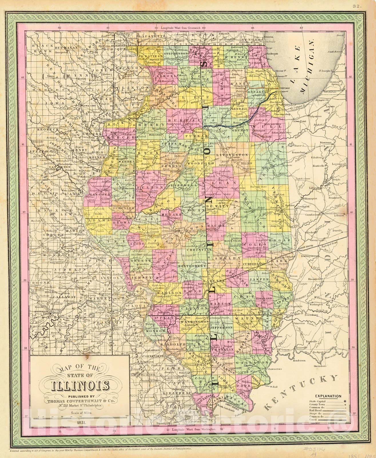 Historic Map : 1851 Map of the State of Illinois : Vintage Wall Art ...