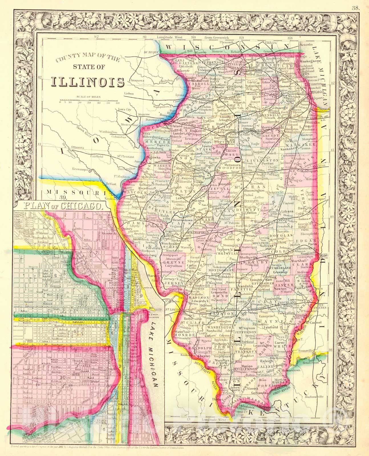 Historic Map : 1861 County Map of the State of Illinois : Vintage Wall ...